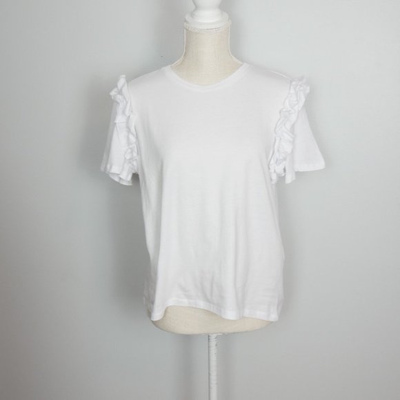 Zara | Tops | Nwt Zara White Ruffle Shoulder Short Sleeve Basic Tee ...